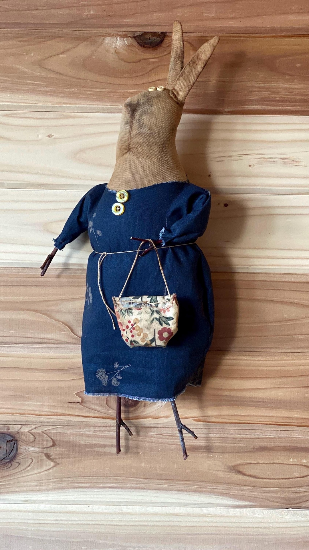 Primitive Muslin Bunny Rabbit Matron in Navy Dress With Flowered ...