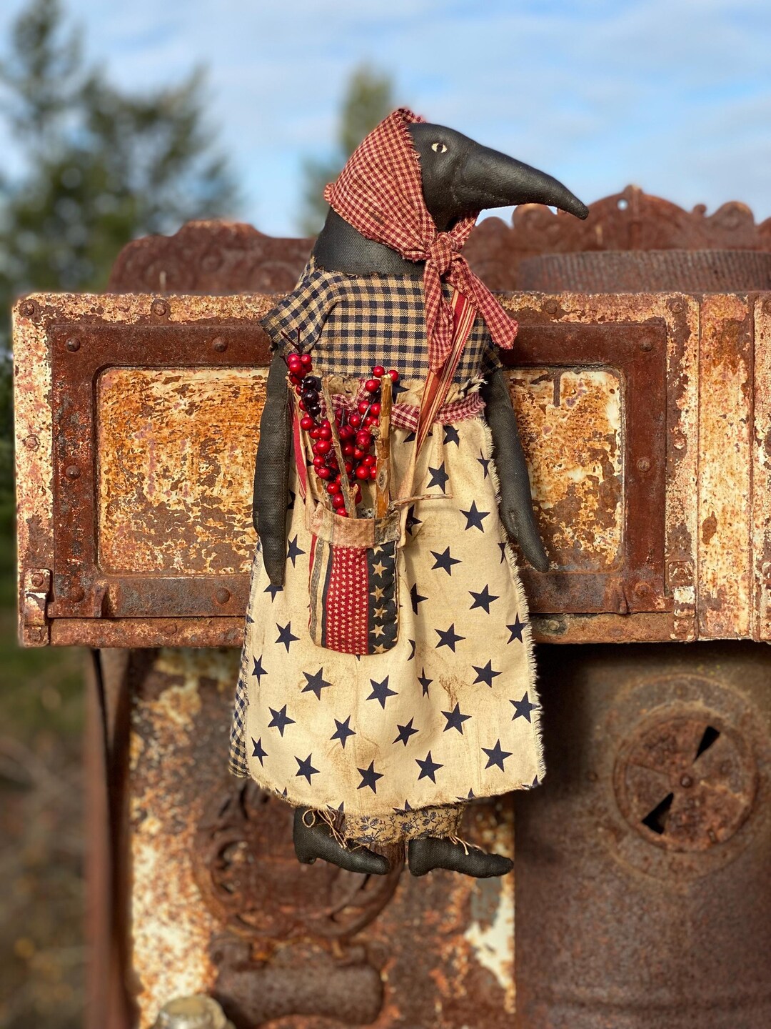 Primitive Handcrafted Muslin Raven Doll With Head Scarf, Apron ...