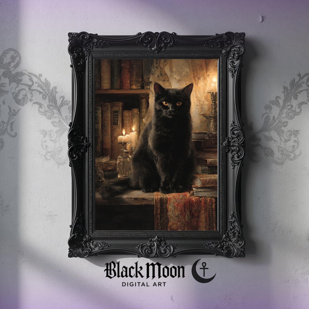 Gothic Black Cat Dark Academia Art Print | Moody Library Wall Decor ...
