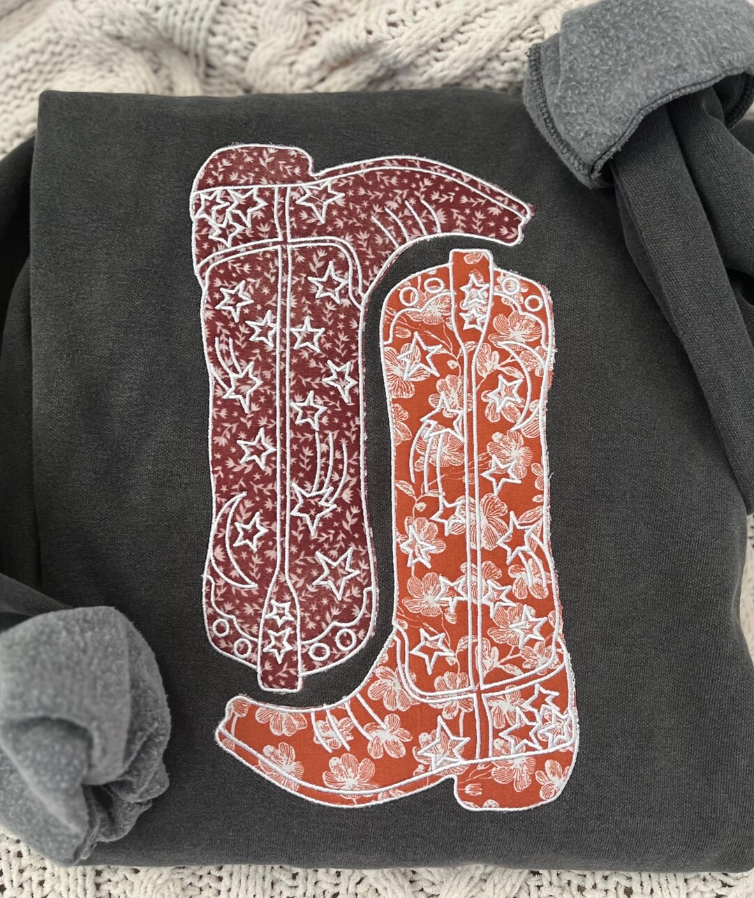 Large Cowboy Boots Applique Embroidered T-shirt Long Sleeve Shirt ...