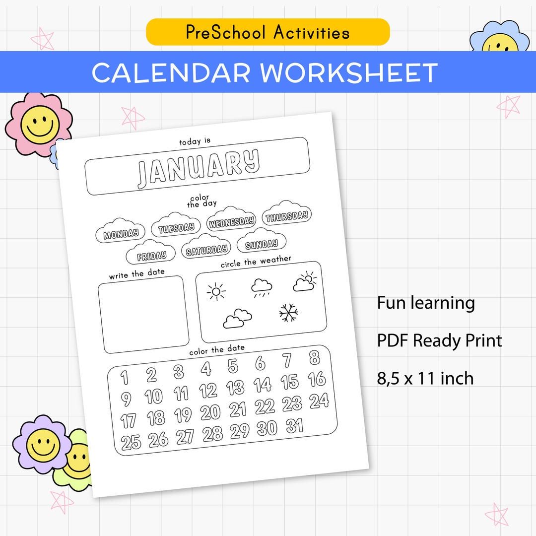 Printable Preschool Calendar Worksheets | 12 Monthly Pages for Kids to ...