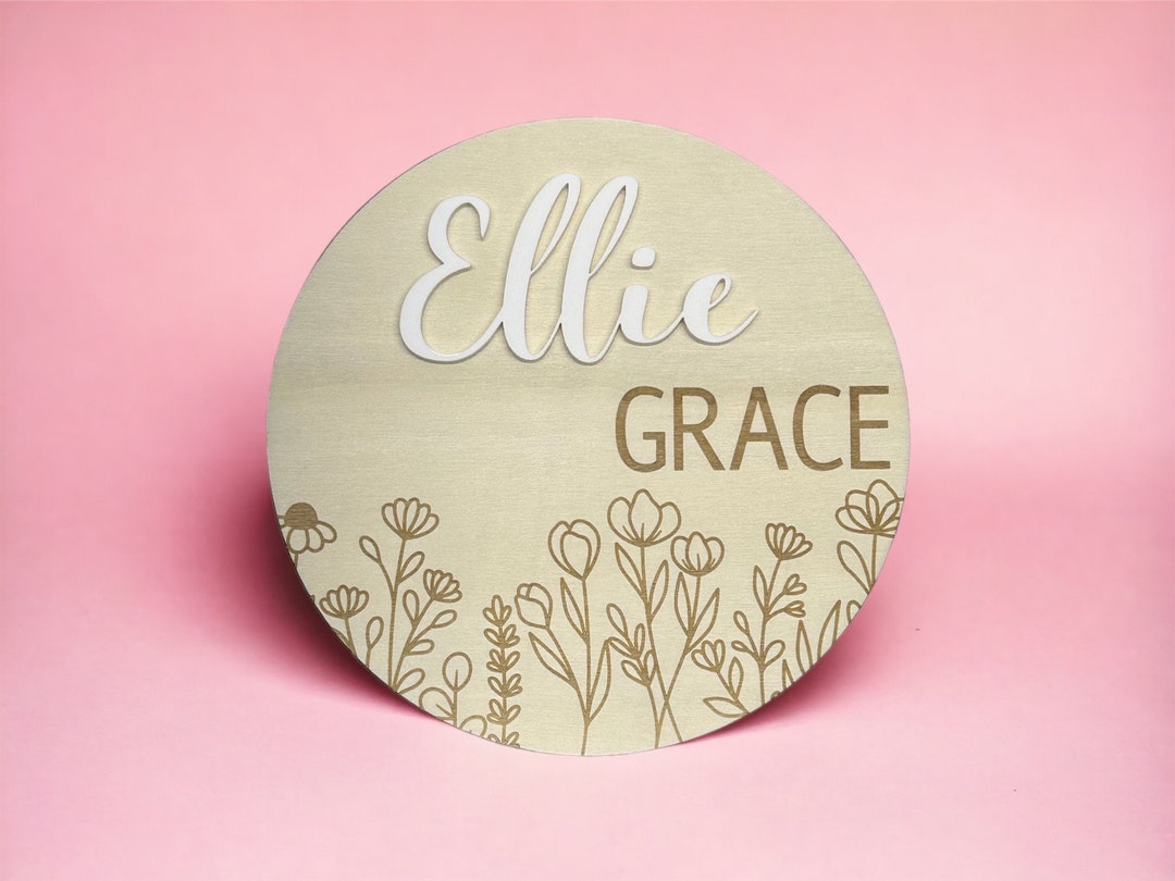 Laser Engraved Flower Name Sign, Round Baby Name Plaque, Baby Photo ...
