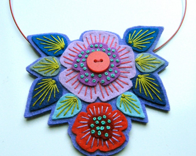 Felt Pendant 'STATEMENT' Necklace With Freeform Embroidery on Co ...