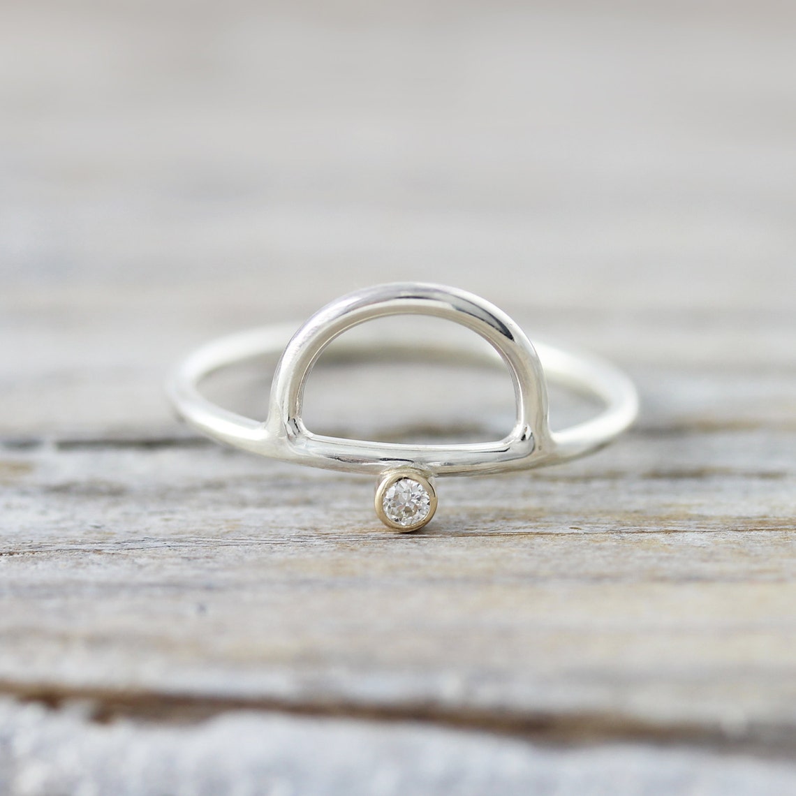 Half Moon Engagement Ring in Sterling Silver and Gold With Tiny Diamond ...