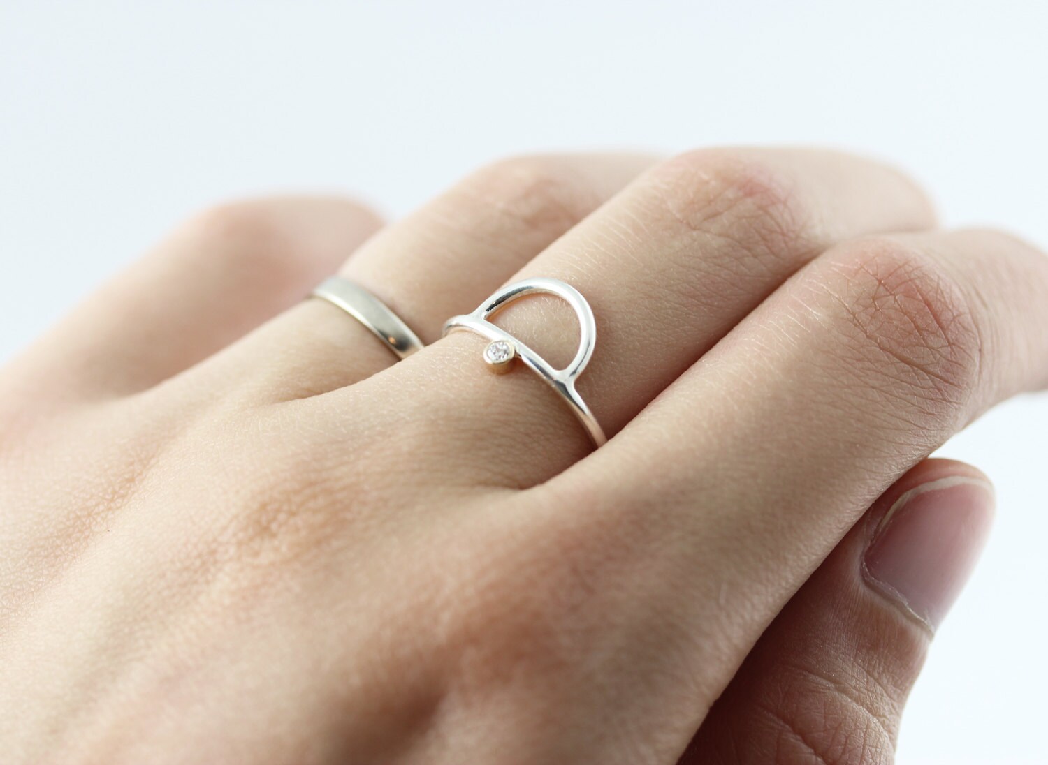 Half Moon Engagement Ring in Sterling Silver and Gold With Tiny Diamond ...