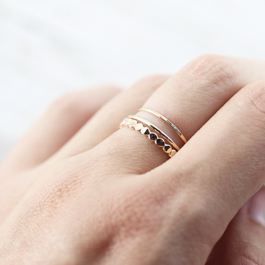 Set of 3 Textured Rings - Large Flattened Bead, Thin Smooth and ...