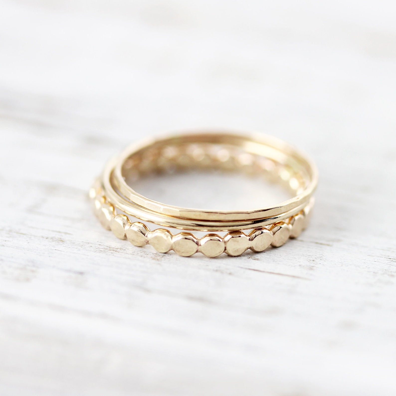Set of 3 Textured Rings - Large Flattened Bead, Thin Smooth and ...