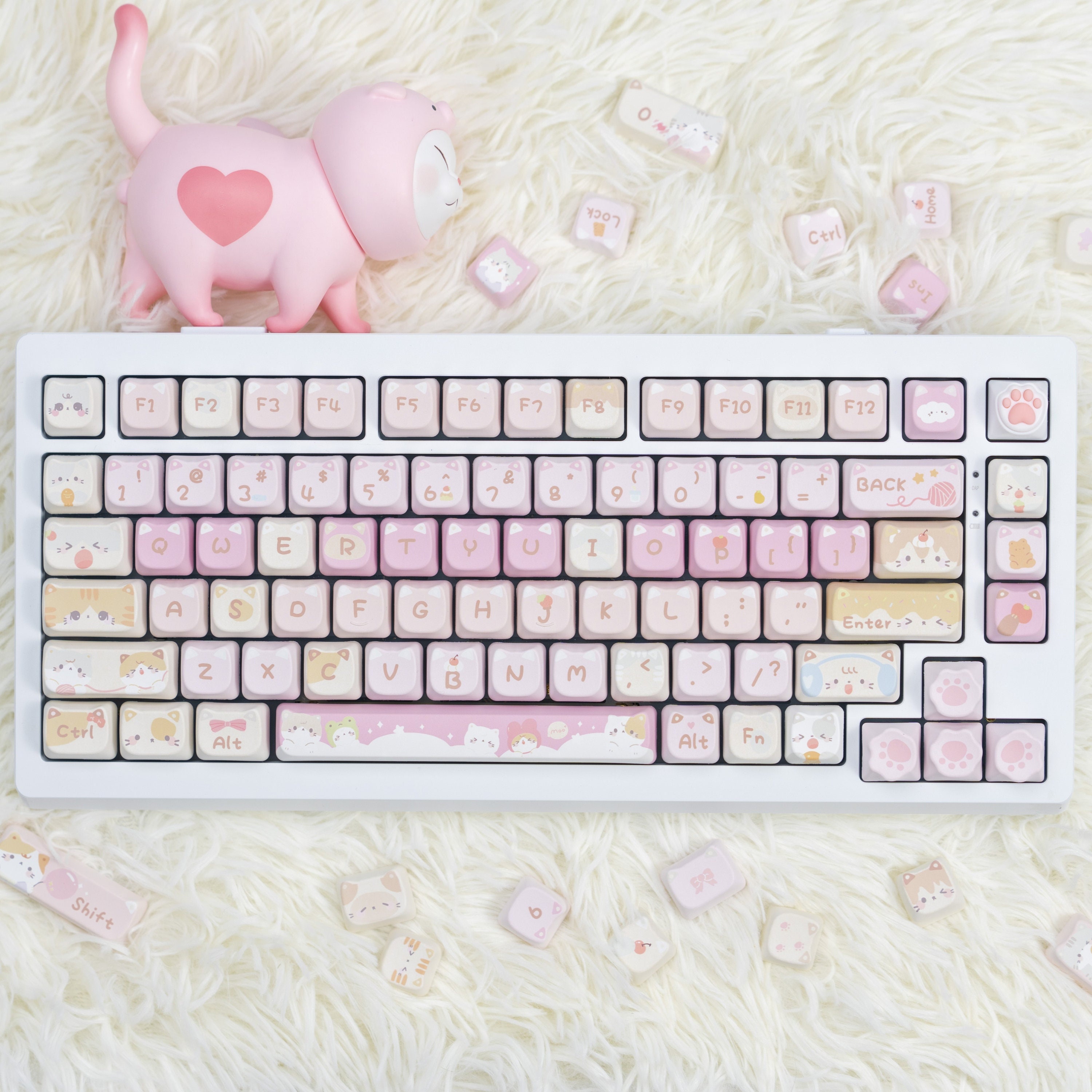 Kitty Shaped Pink Pastel Kitties Keycaps PBT 142 Set MAO Profile for ...