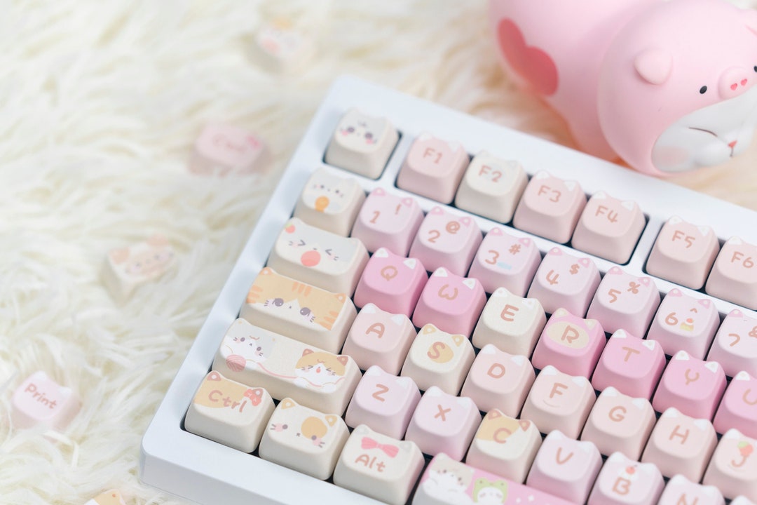 Kitty Shaped Pink Pastel Kitties Keycaps PBT 142 Set MAO Profile for ...