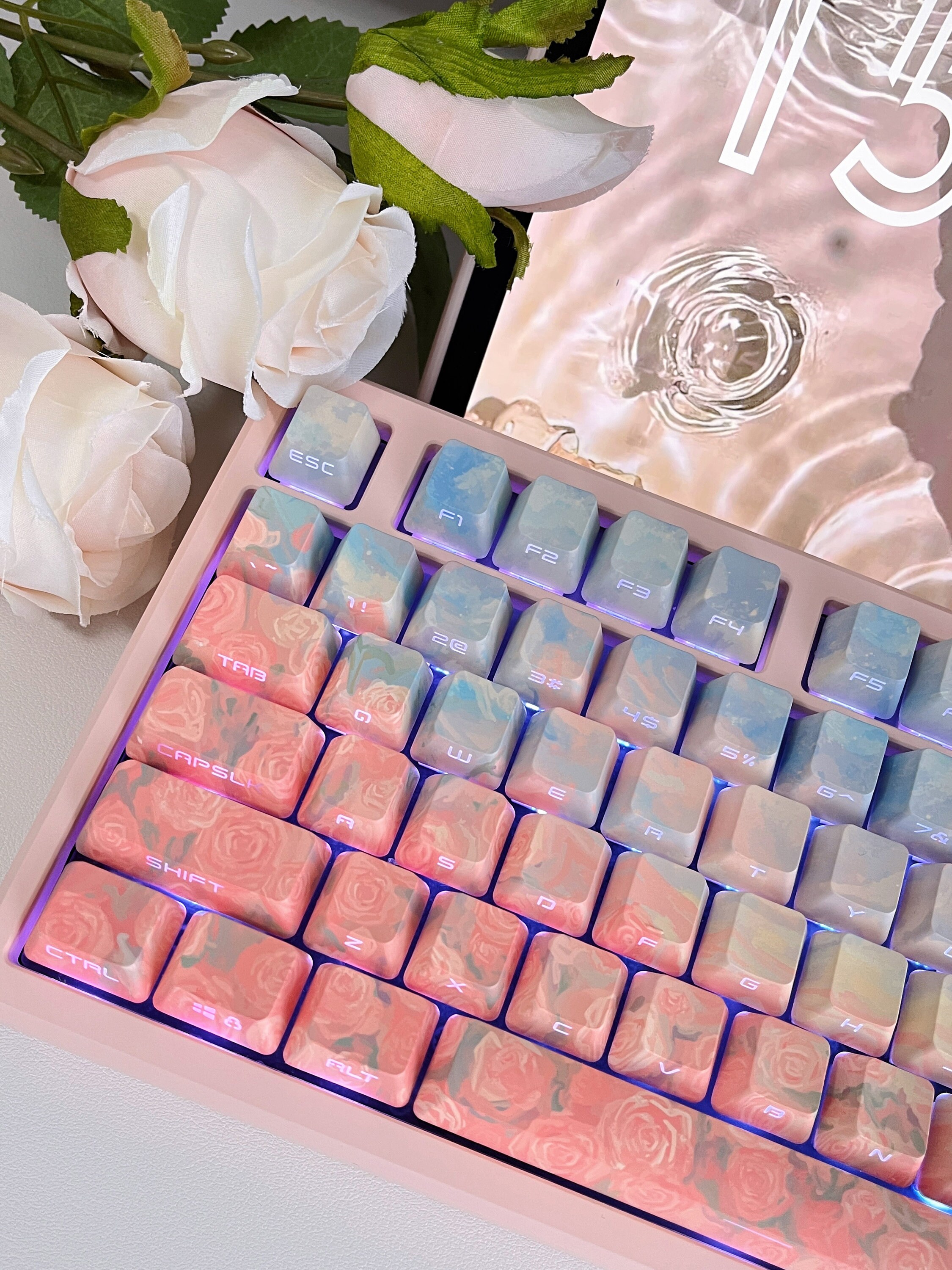 Floral Series Sea of Rose Themed Keycaps PBT 133 Set OEM Profile for ...