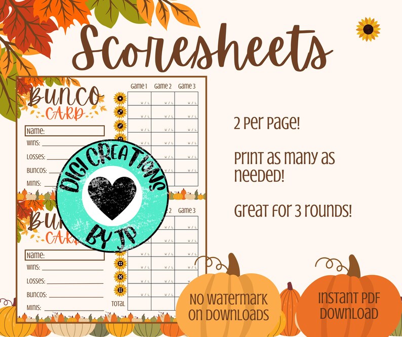Fall Thanksgiving Bunco Party Printables | Scorecard, Table Cards ...