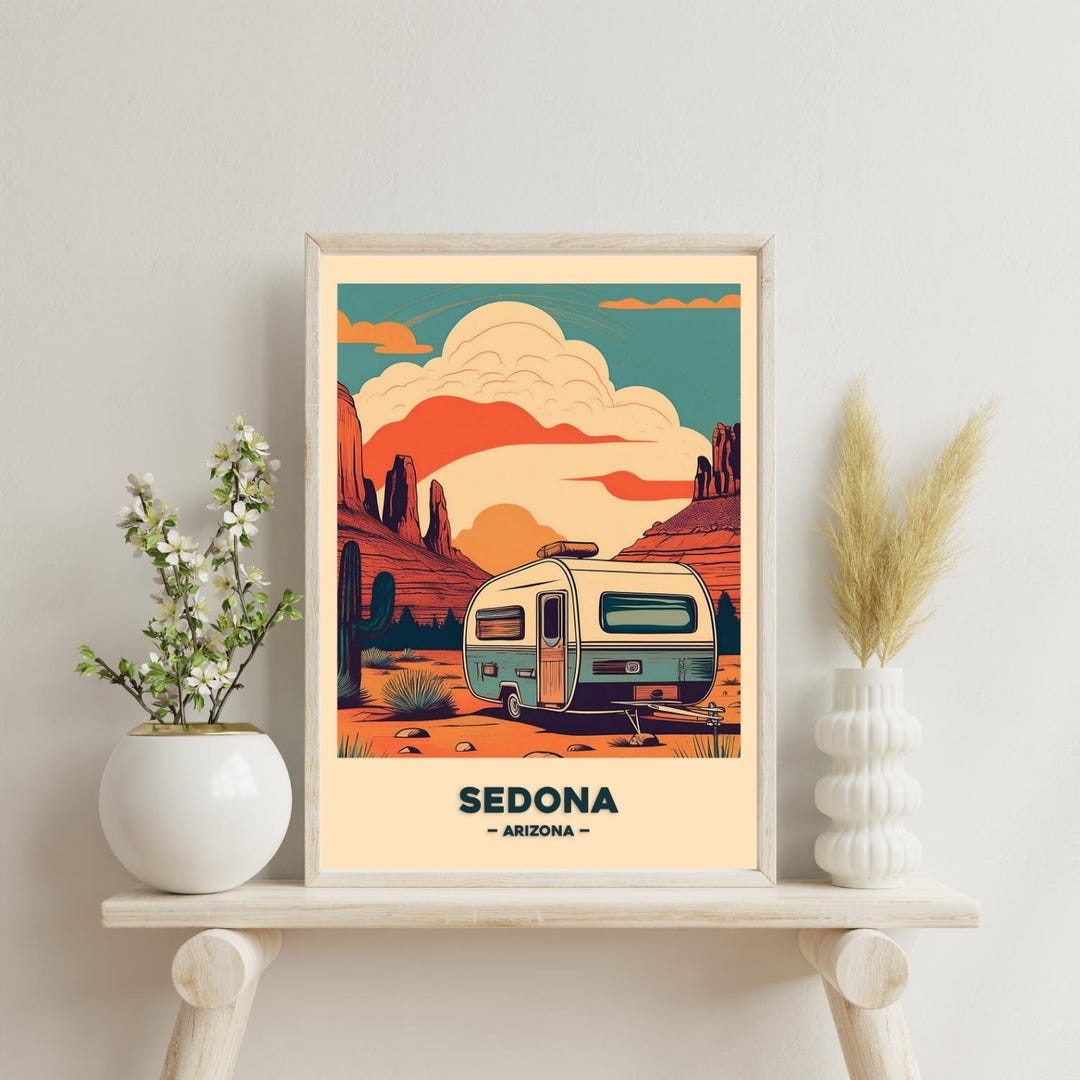 Sedona Arizona Retro Style Camper Van Poster - Desert Art Print ...