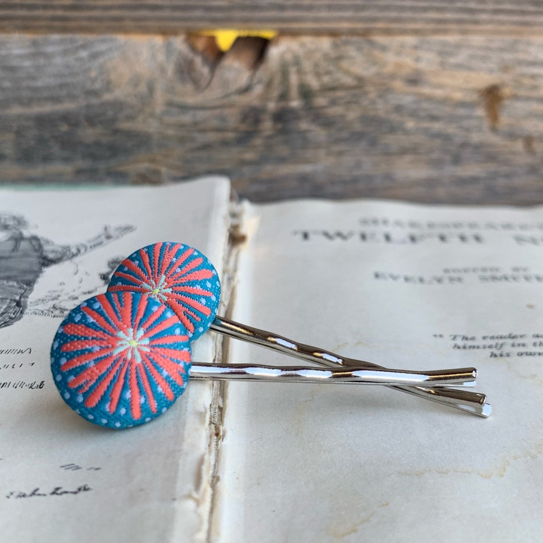 Coral & Teal Burst Fabric Bobby Pins, Vintage Style Hair Accessories - Etsy