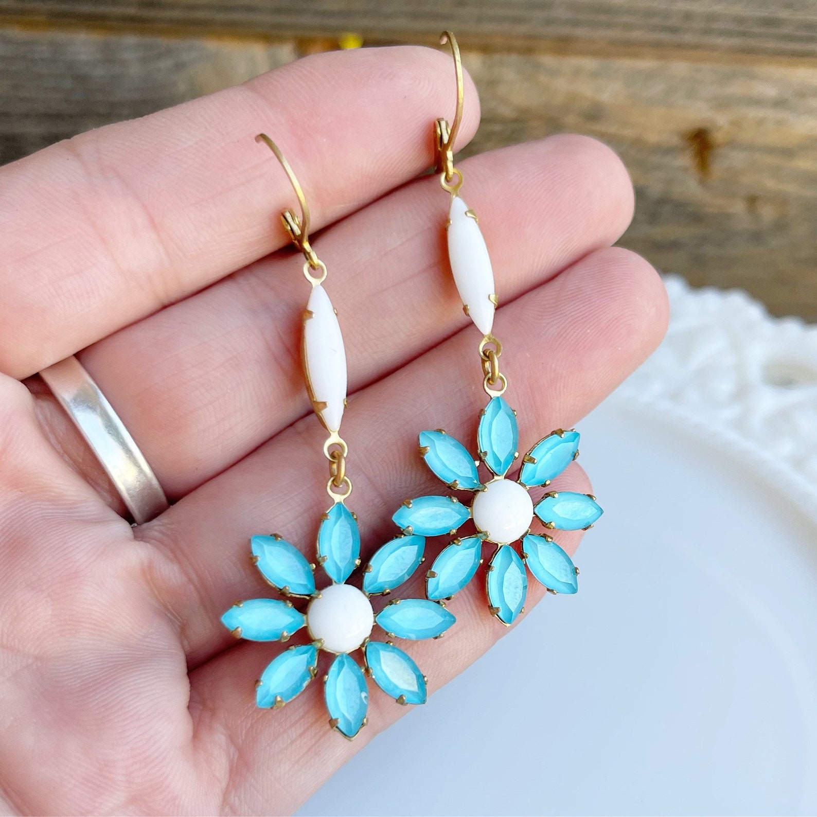 Vintage Aqua Blue Daisy Earrings, White Glass Marquise Drops - Etsy