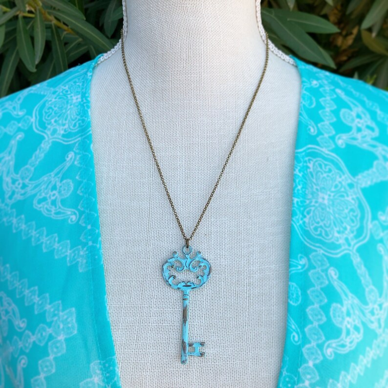 Aqua Sky Blue Skeleton Key Necklace Verdigris Patina Key - Etsy