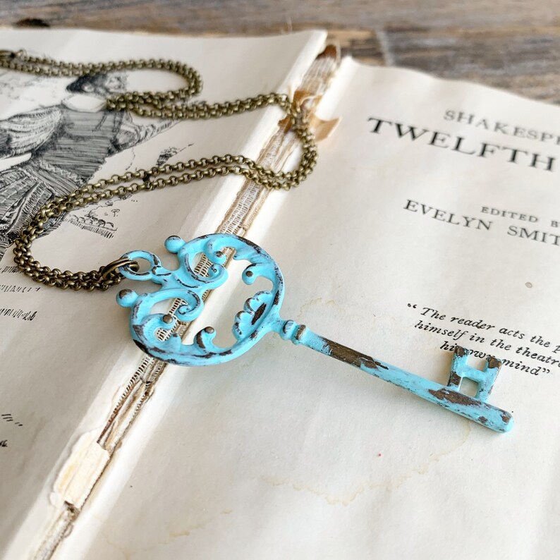 Aqua Sky Blue Skeleton Key Necklace Verdigris Patina Key - Etsy