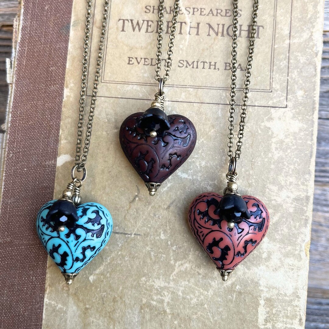 Victorian Style Lucite Heart Necklace, Floral Lace Inlay, Brass Chain ...