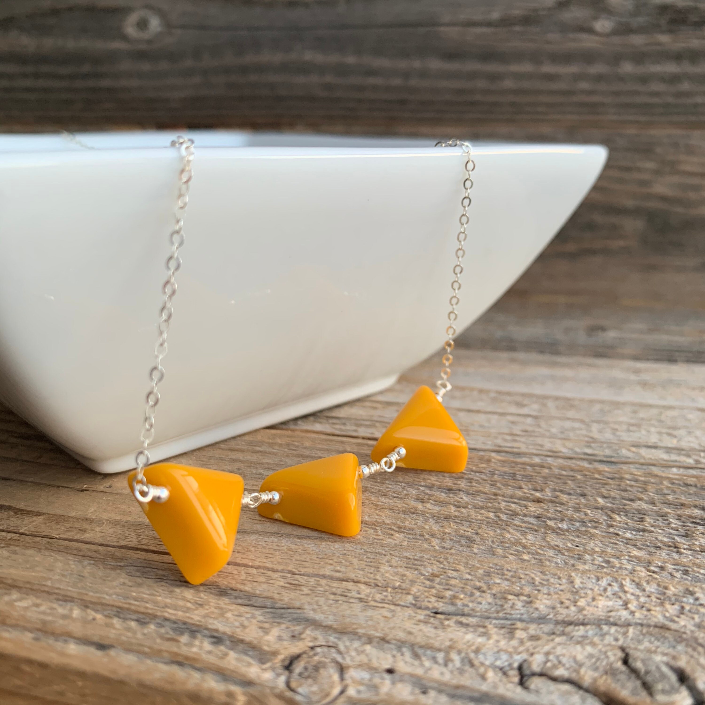 Mustard Yellow Retro Triangle Necklace, Sterling Silver Vintage Lucite ...