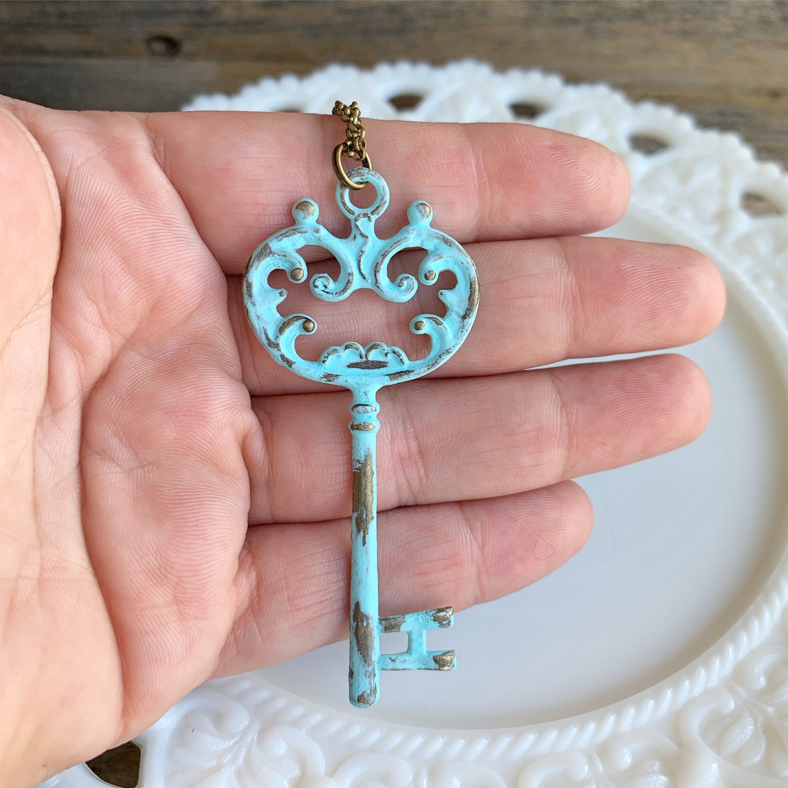 Aqua Sky Blue Skeleton Key Necklace Verdigris Patina Key - Etsy
