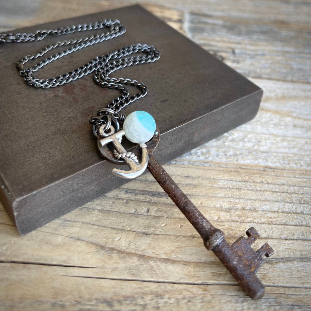 Genuine Antique Rusty Skeleton Key Necklace, Rustic Style Beachy Anchor ...