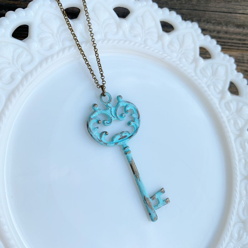 Aqua Sky Blue Skeleton Key Necklace Verdigris Patina Key - Etsy