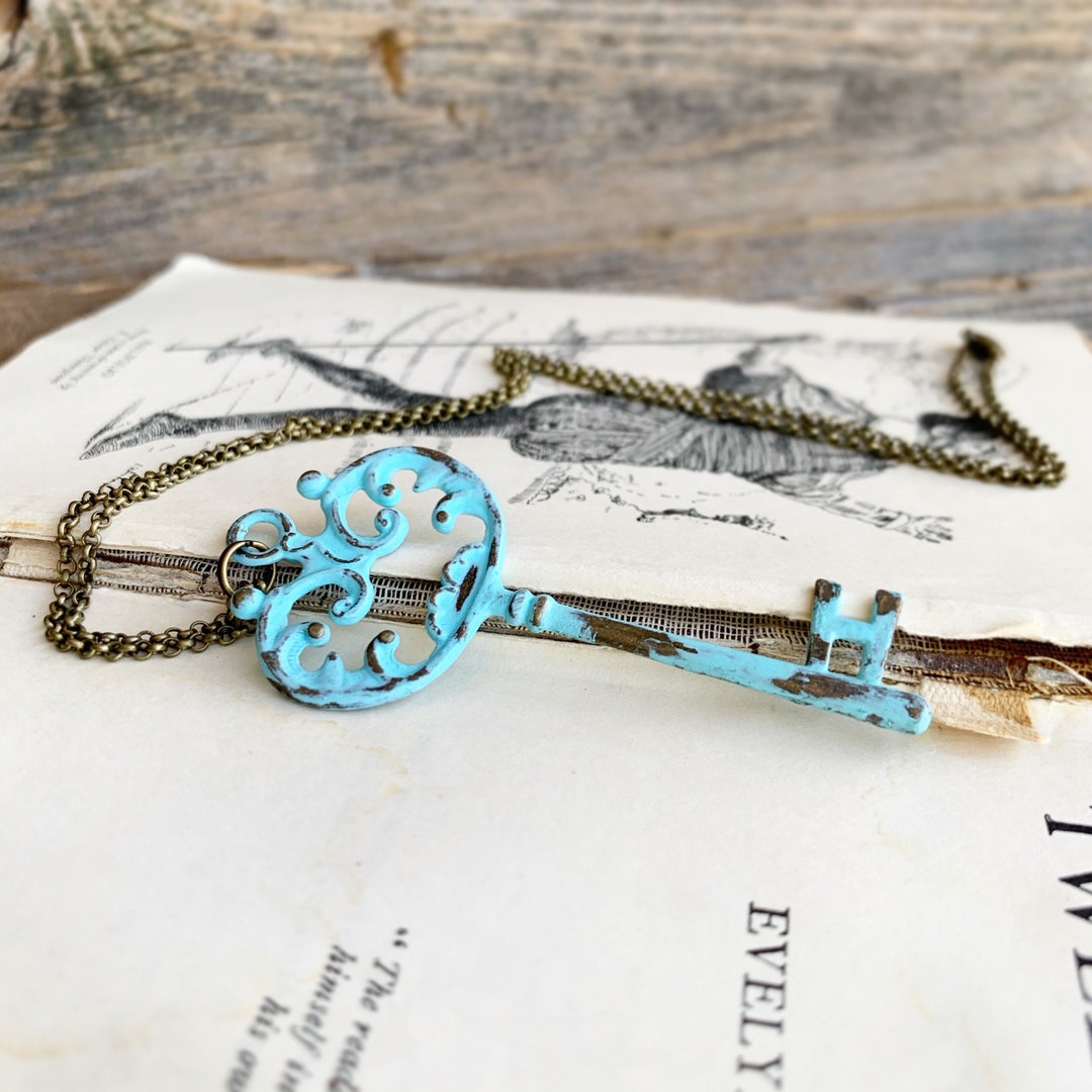 Aqua Sky Blue Skeleton Key Necklace Verdigris Patina Key - Etsy