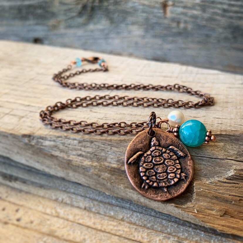Copper Sea turtle necklace Sink or Swim quote necklace | Etsy