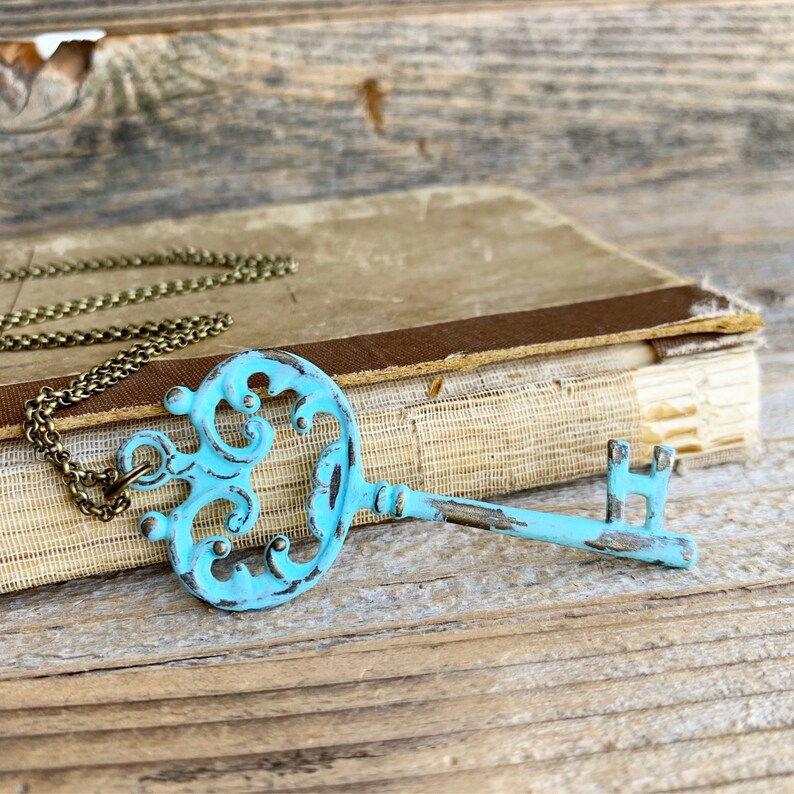 Aqua Sky Blue Skeleton key necklace verdigris patina key | Etsy