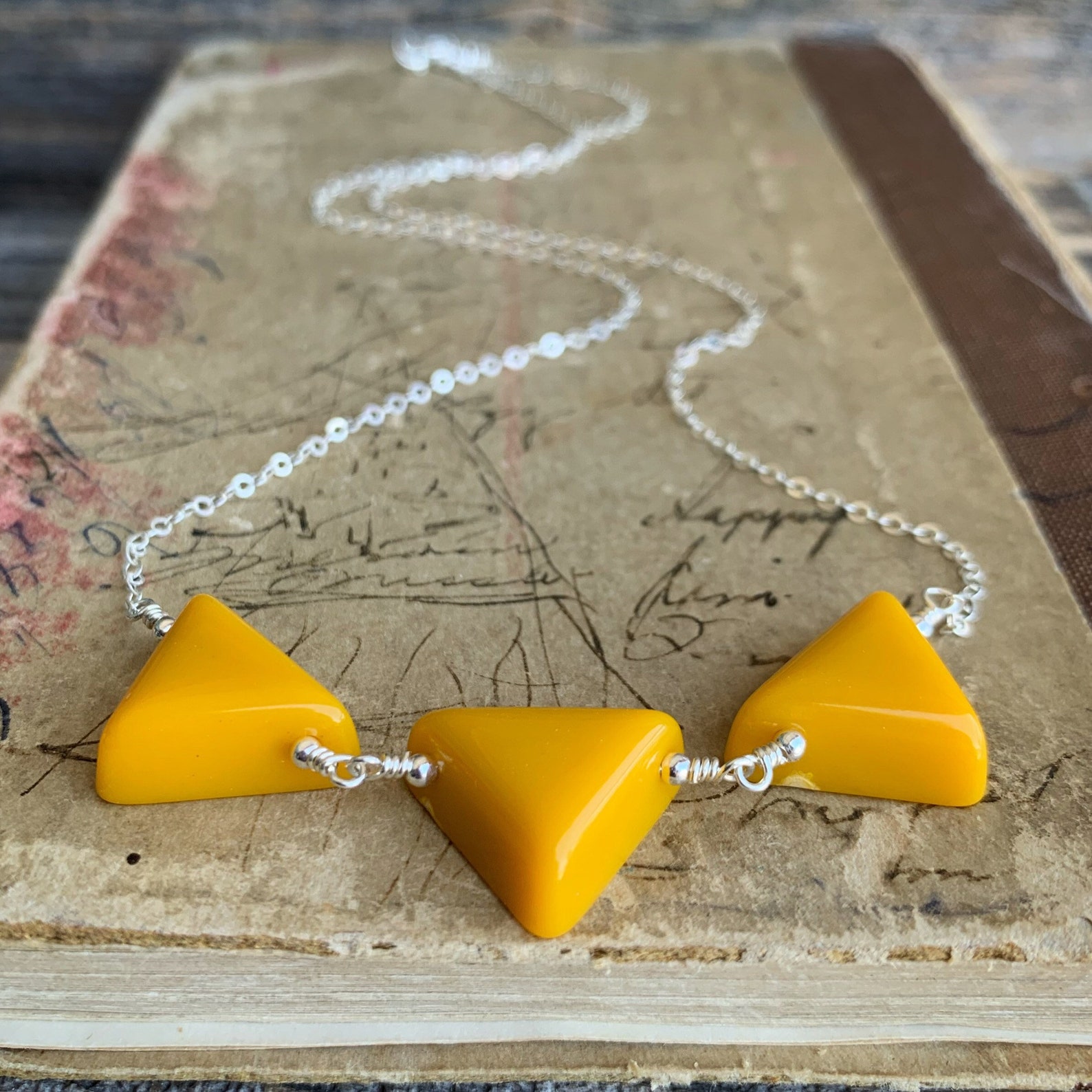 Mustard Yellow Retro Triangle Necklace, Sterling Silver Vintage Lucite ...