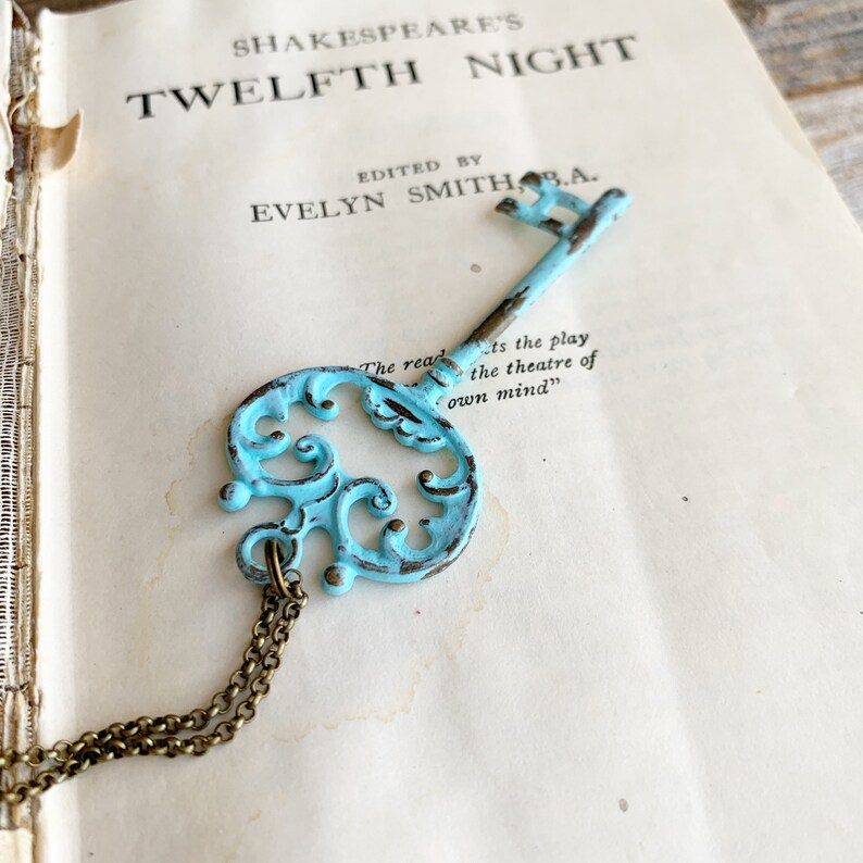 Aqua Sky Blue Skeleton Key Necklace Verdigris Patina Key - Etsy