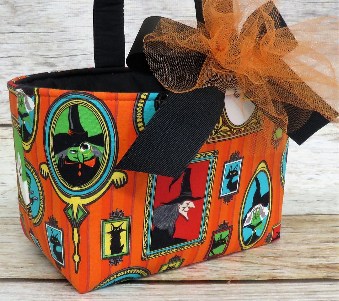 Halloween Trick Treat Basket Candy Bucket Bin - Haunted House on Orange ...