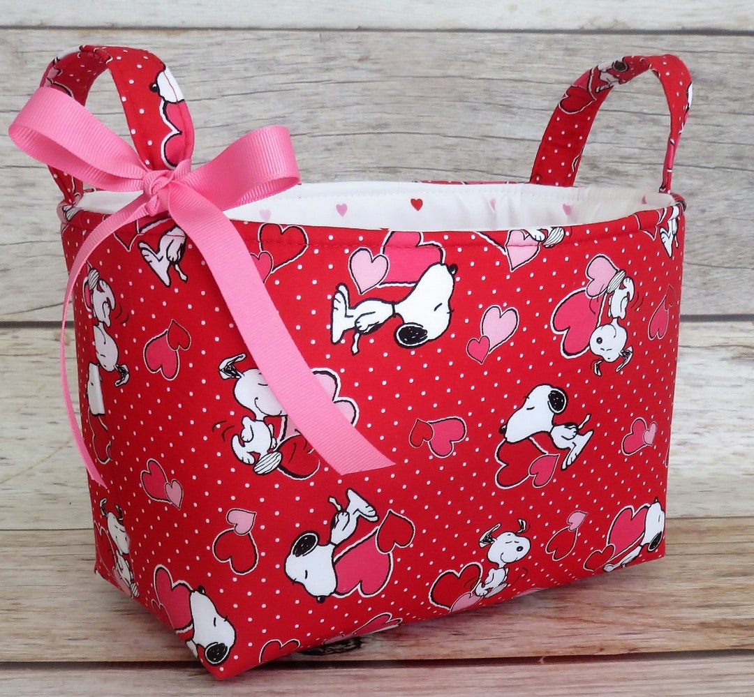Snoopy and Love Hearts on Red Valentines Day Fabric Storage Gift Basket ...