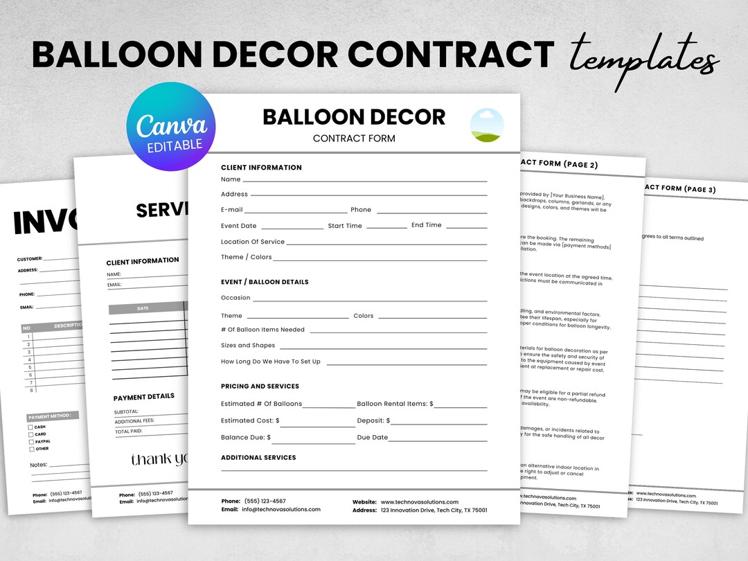 Editable Balloon Decor Contract Template, Canva Invoice - Etsy