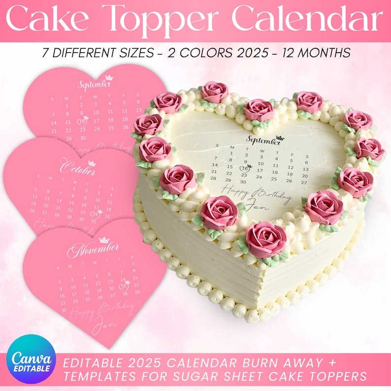 2025 Heart Cake Topper Calendar, Pink Birthday Template (digital ...