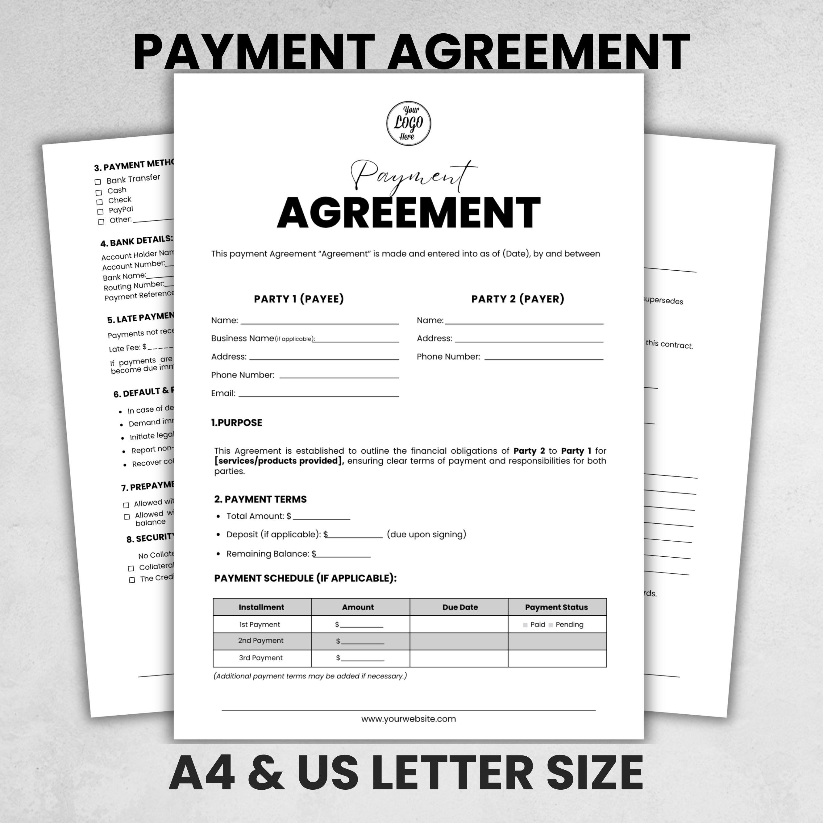 Payment Agreement Contract Template, Agreement Template, Payment ...