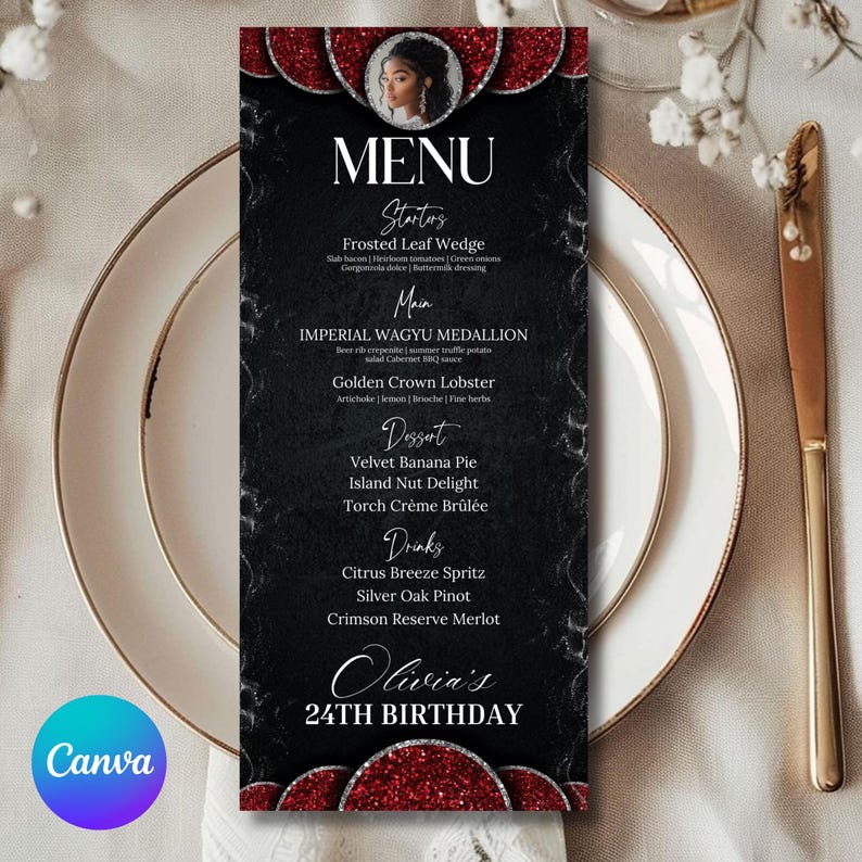 Editable Birthday Picture Menu, Red and Silver Picture Menu and Drink ...