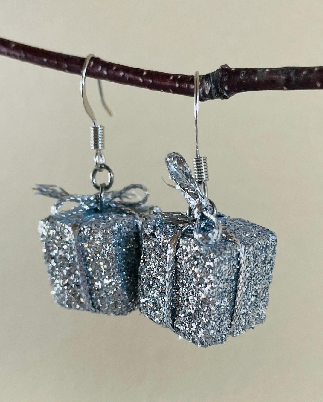 Glittery Silver Christmas Present Earrings - Etsy