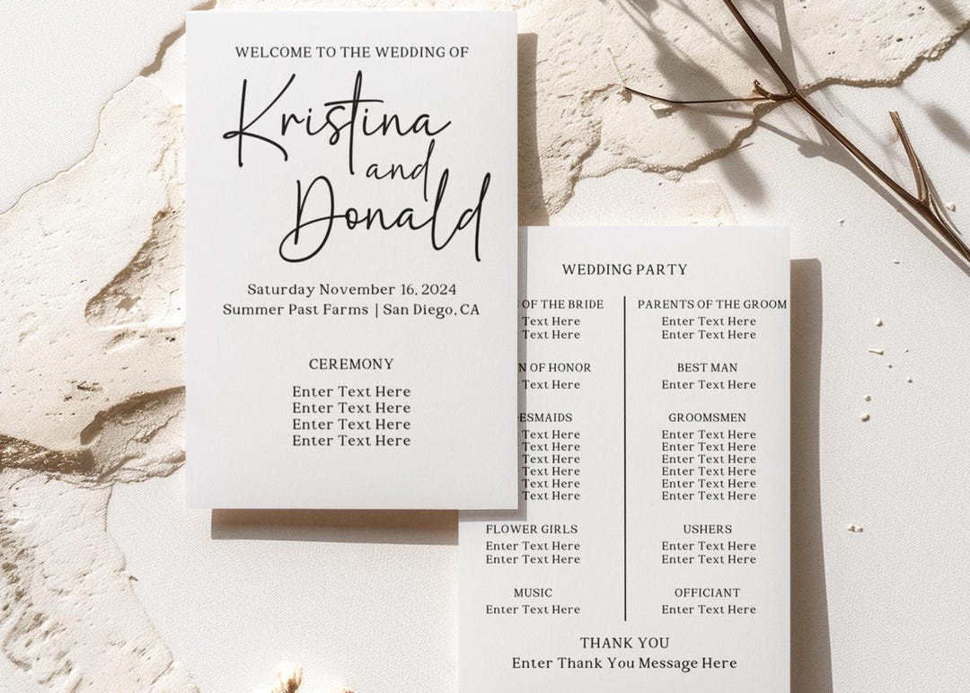 Wedding Program Template - Wedding Ceremony Cards - Minimal - Program ...