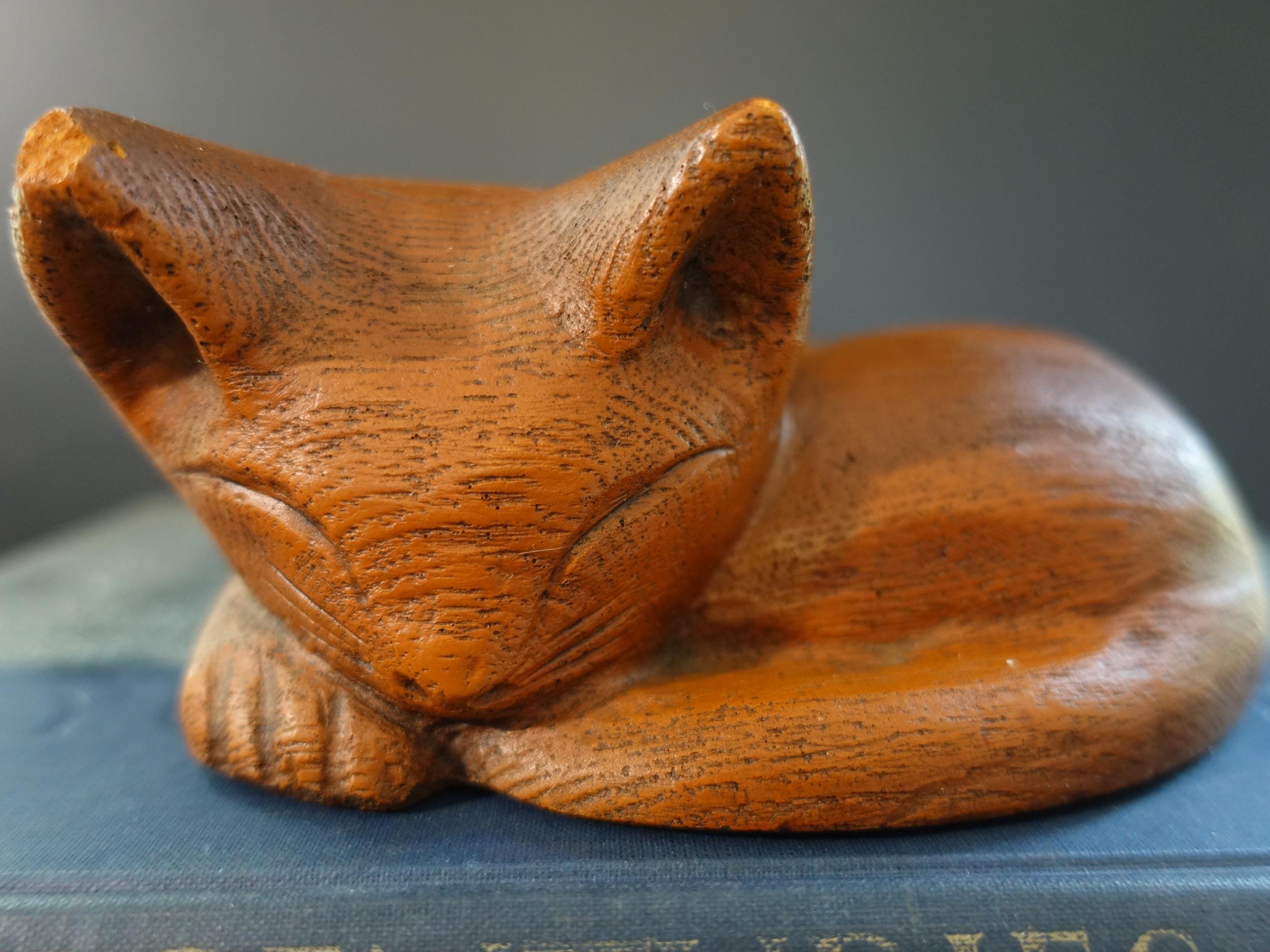 Wooden Hand Carved Cat Statue/figure, Wood Cat /kitten, Vintage Solid ...