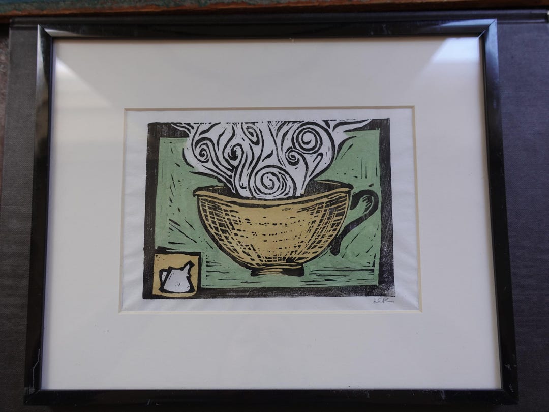 Framed Signed Block Print, Original Art Block Print of a Teacup ...