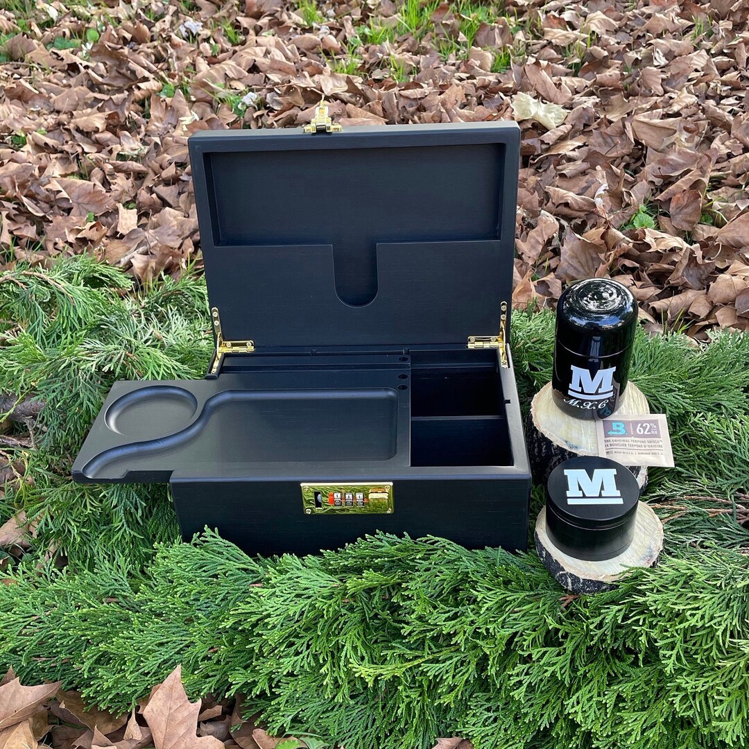 Large Bamboo Smoking Stash Storage Box With Rolling Tray, Combination Lock Grinder and Jar Made ...