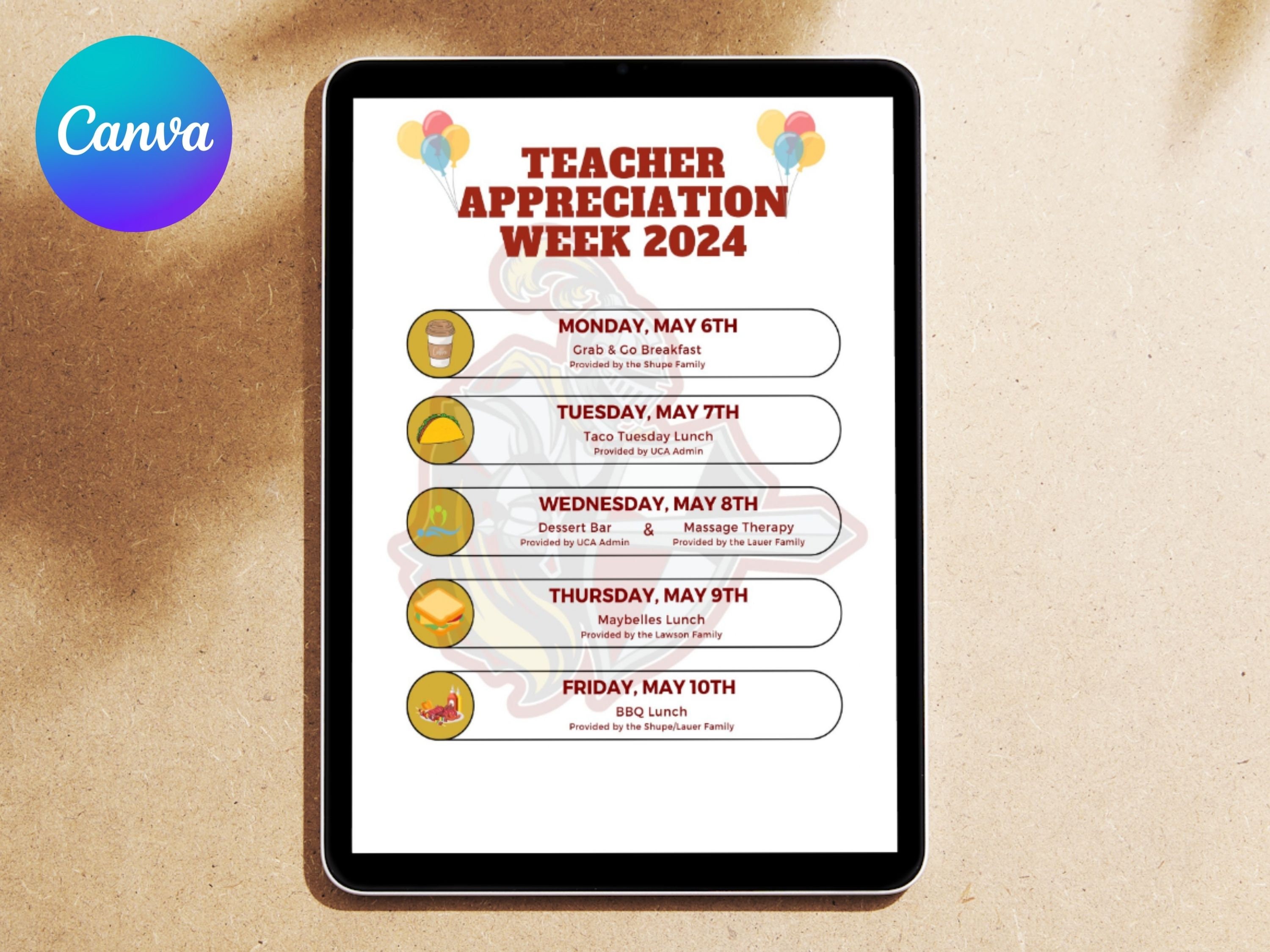 Teacher Appreciation Week Schedule Flyer Canva Template - Digital ...