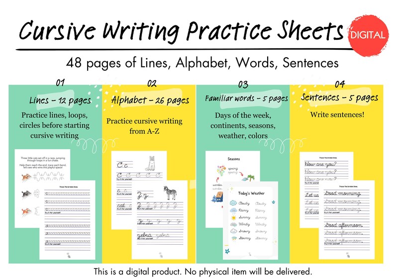 Printable Cursive Writing Practice Sheets - Lines, Letters, Familiar ...