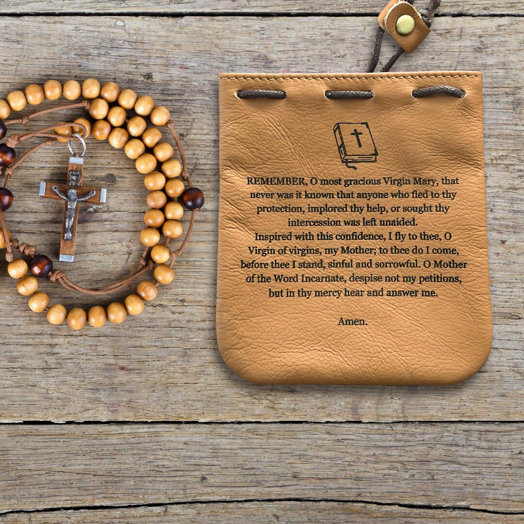 Personalized Leather Rosary Pouch, the Memorare Prayer, Catholic Gifts ...