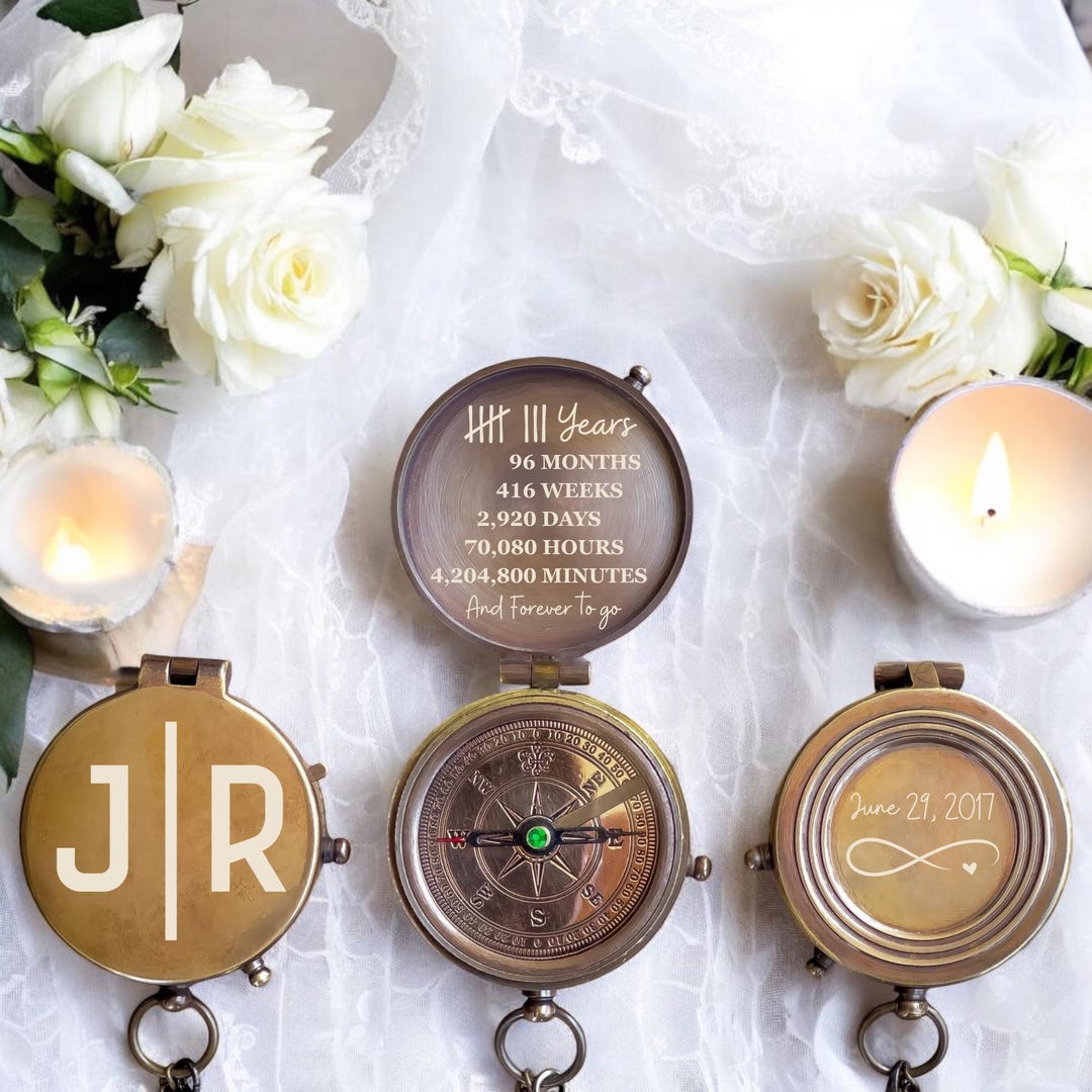 8th Wedding Bronze Anniversary Gift, 8 Tally Mark Compass, Husband Wife ...