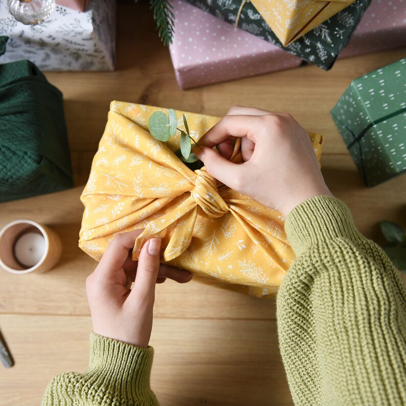 Set of Two Reusable Greenery Fabric Gift Wraps, Furoshiki Cotton Gift ...
