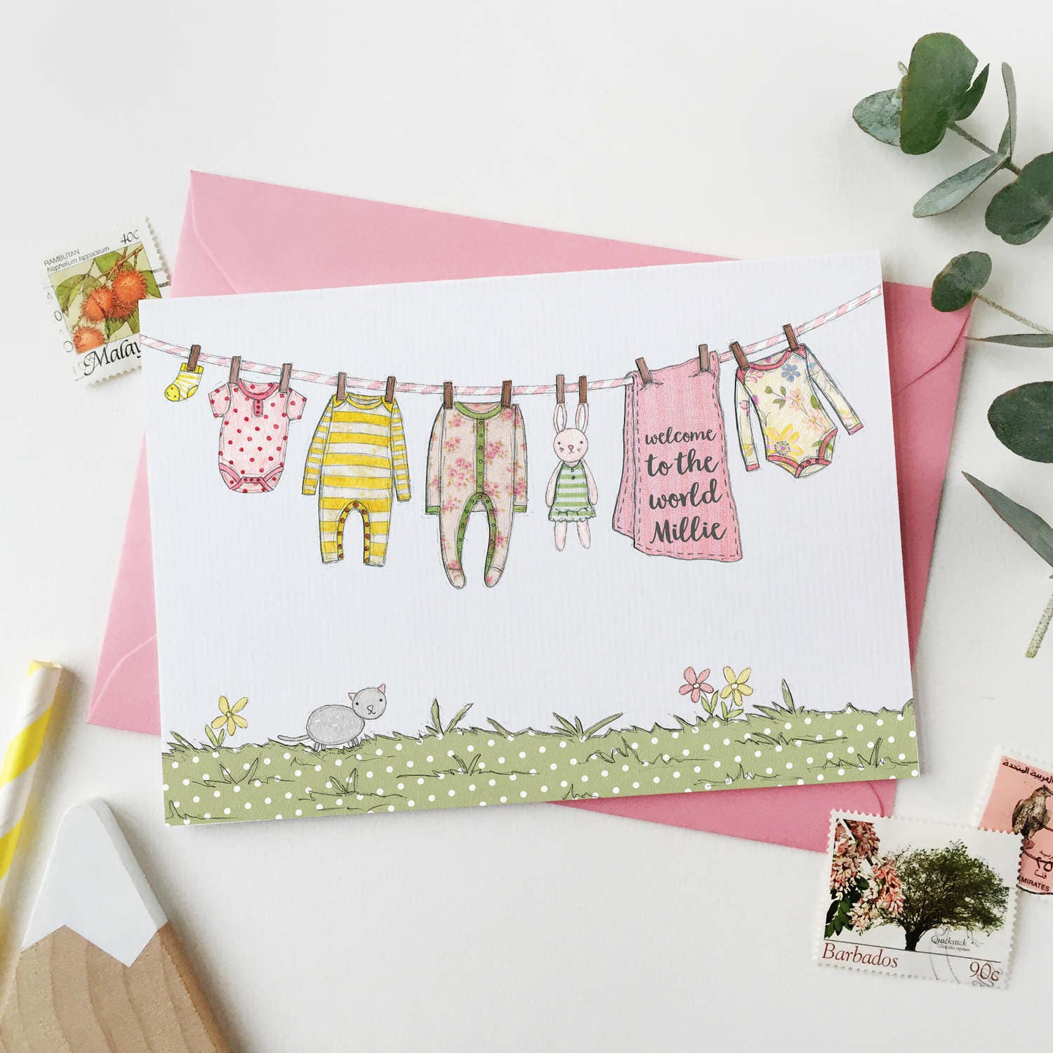 Personalised New Baby Washing Line Card - Pinks & Yellows - Etsy UK