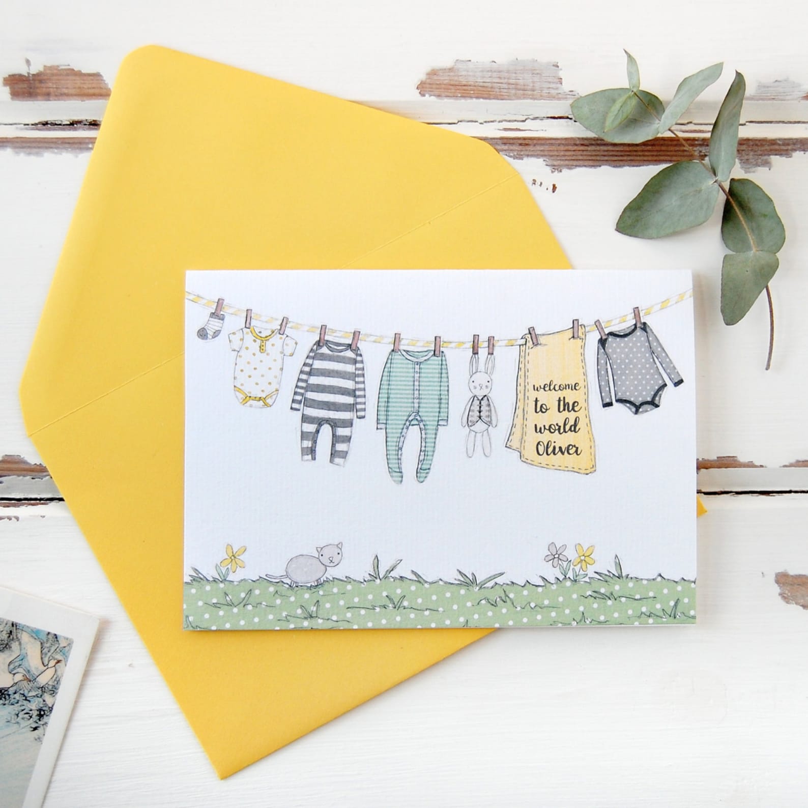 Personalised New Baby Washing Line Card - Yellow & Grey - Etsy UK