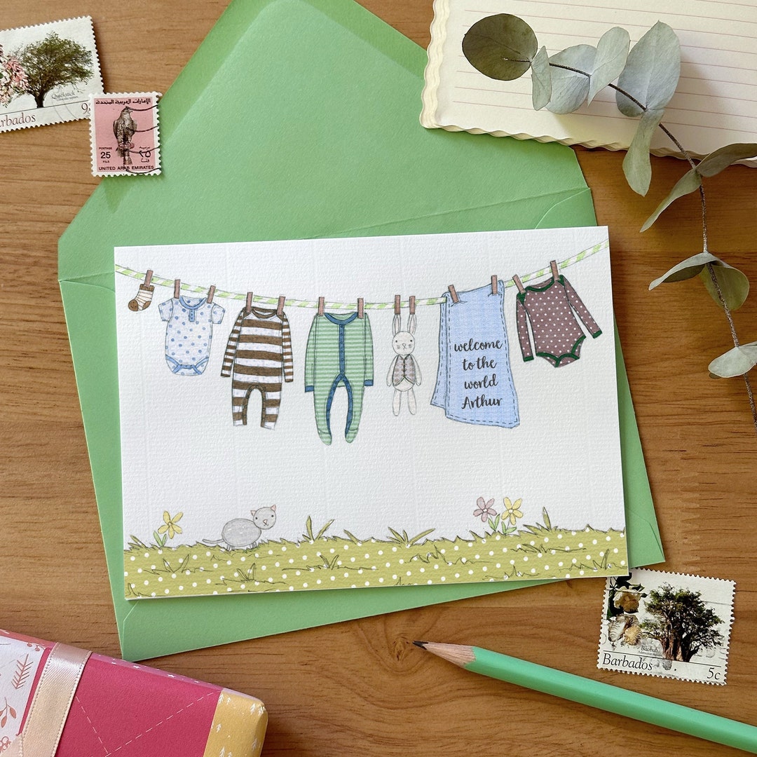 Personalised New Baby Washing Line Card - Blues & Greens - Etsy