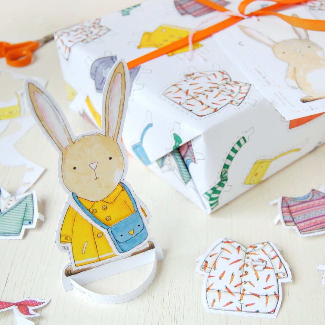 Rabbit Paper Doll Easter Wrapping Paper Set, Paper Doll Dress up ...